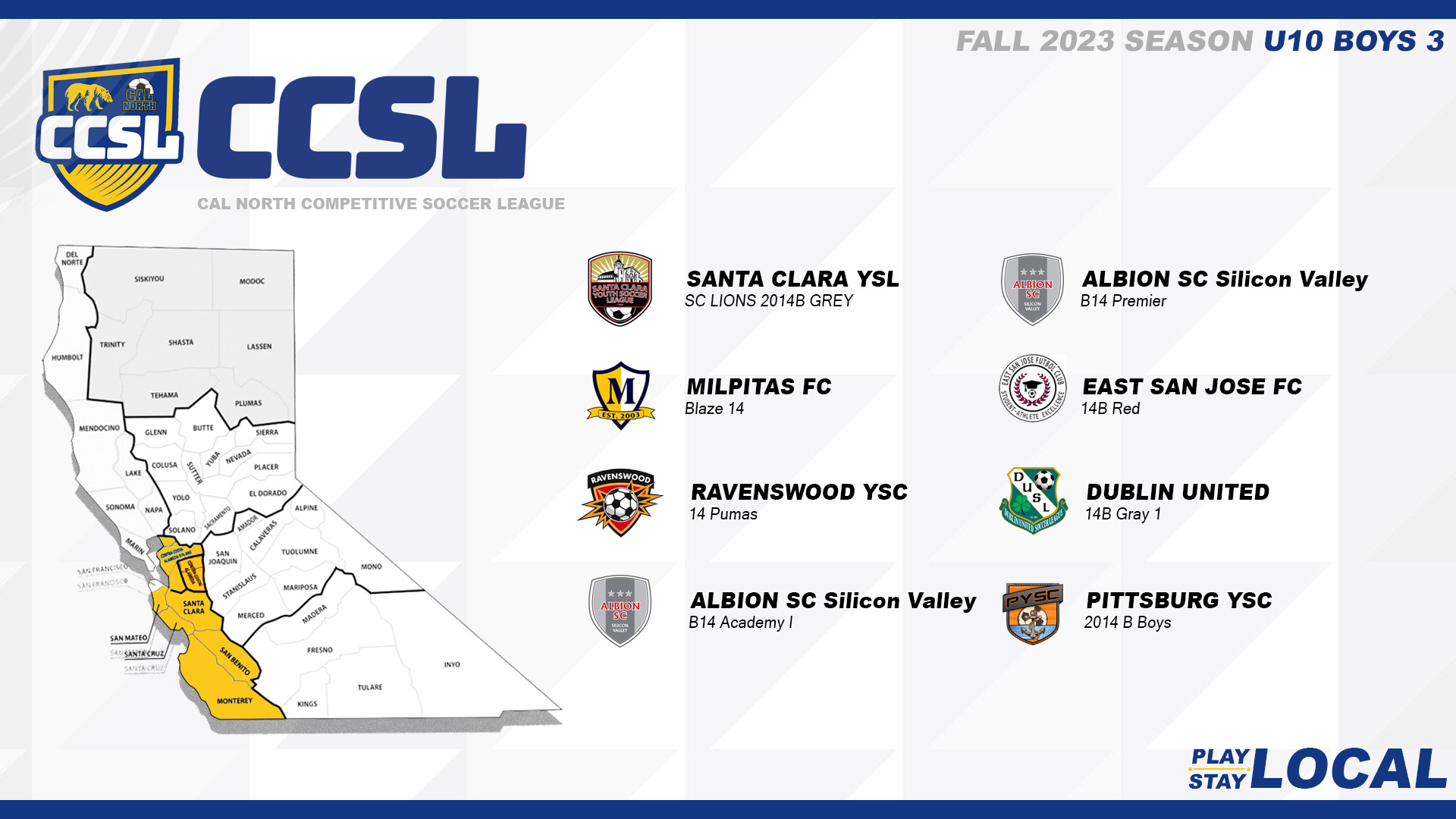 List of participating teams in CCSL for Fall 2023 season